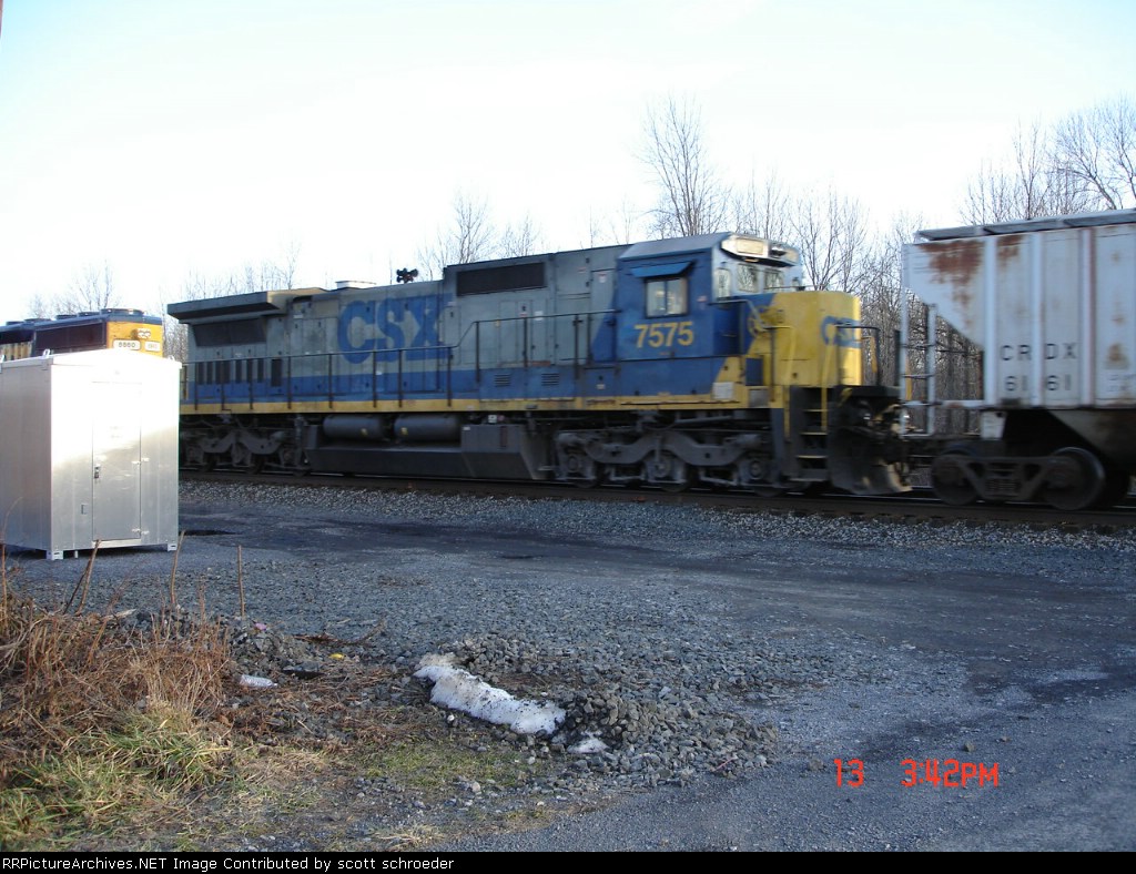 CSX 7575 Runs long hood forward behind an SD40-2 EB on the #1 Track